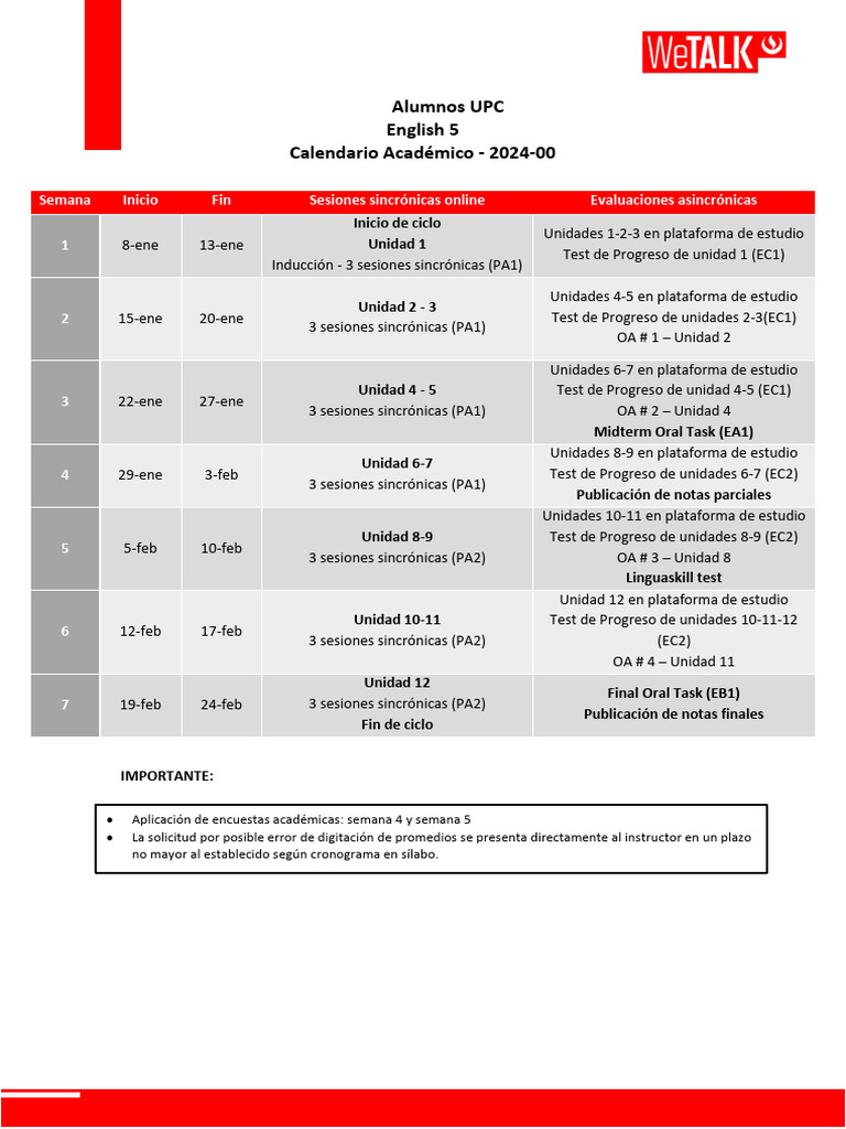 I5 Calendario Alumnos UPC 2024-00 | PDF