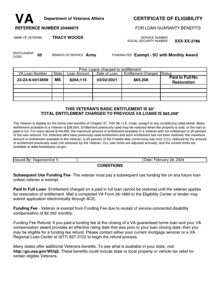 Certificate of Eligibility: VA Loan Number State Loan Amount Date of ...