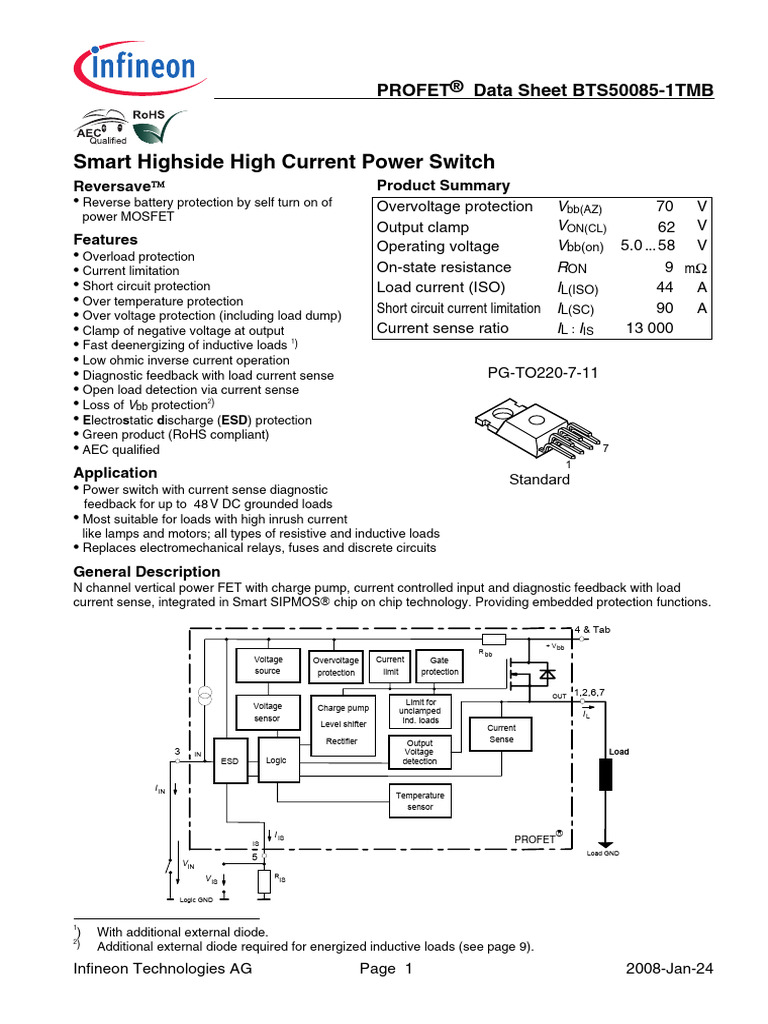 Infineon Bts50085 1tmb Ds v01 00 en | PDF | Field Effect Transistor | Power Supply