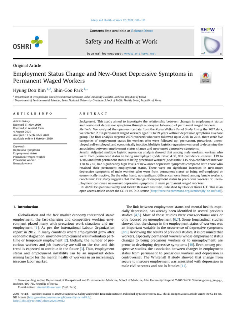 Employment Status Change and New-Onset Depressive Symptoms in Permanent ...