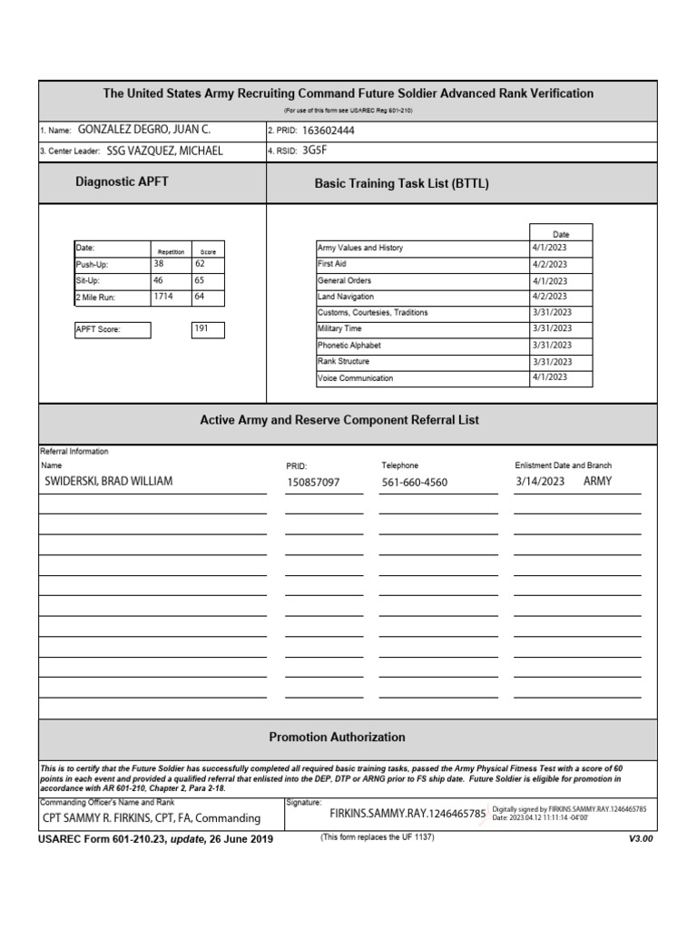 Gonzalez Usarec Form 601-210.23 | PDF | Military | National Security