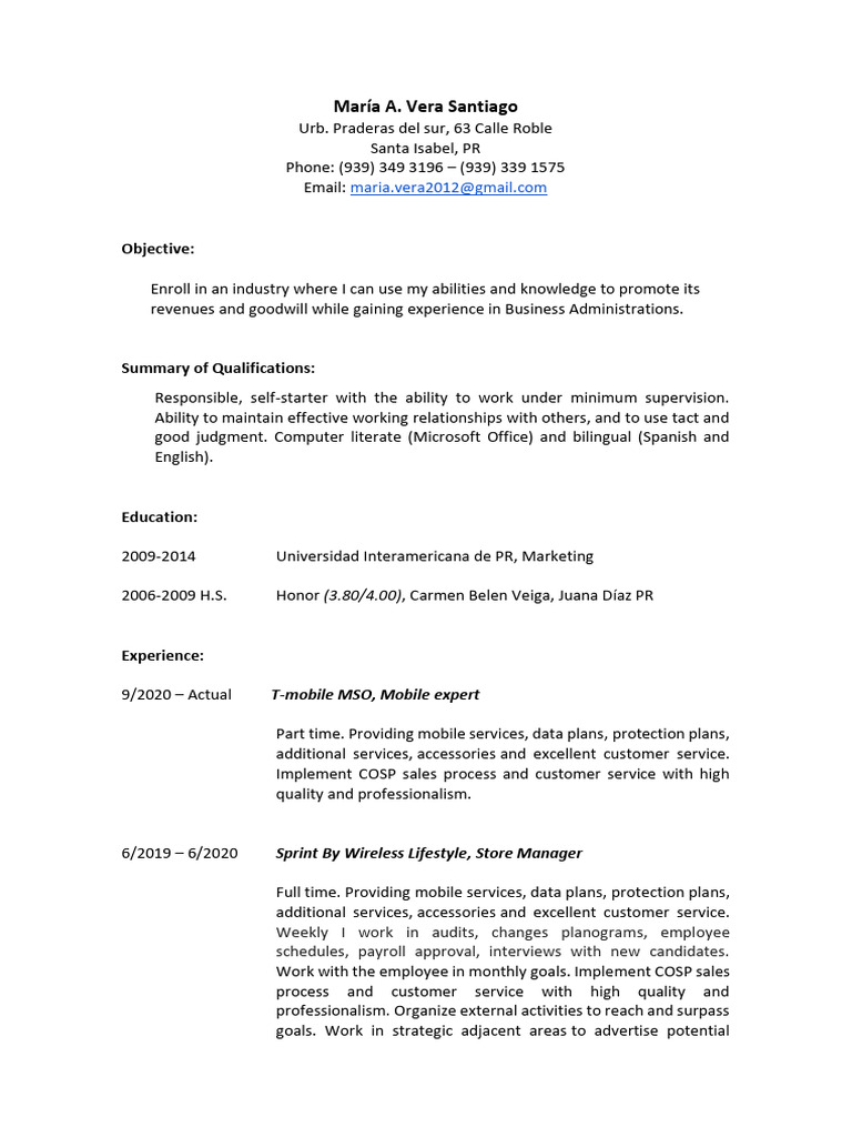 Resume Actualizado Maria Vera PDF | PDF | Business