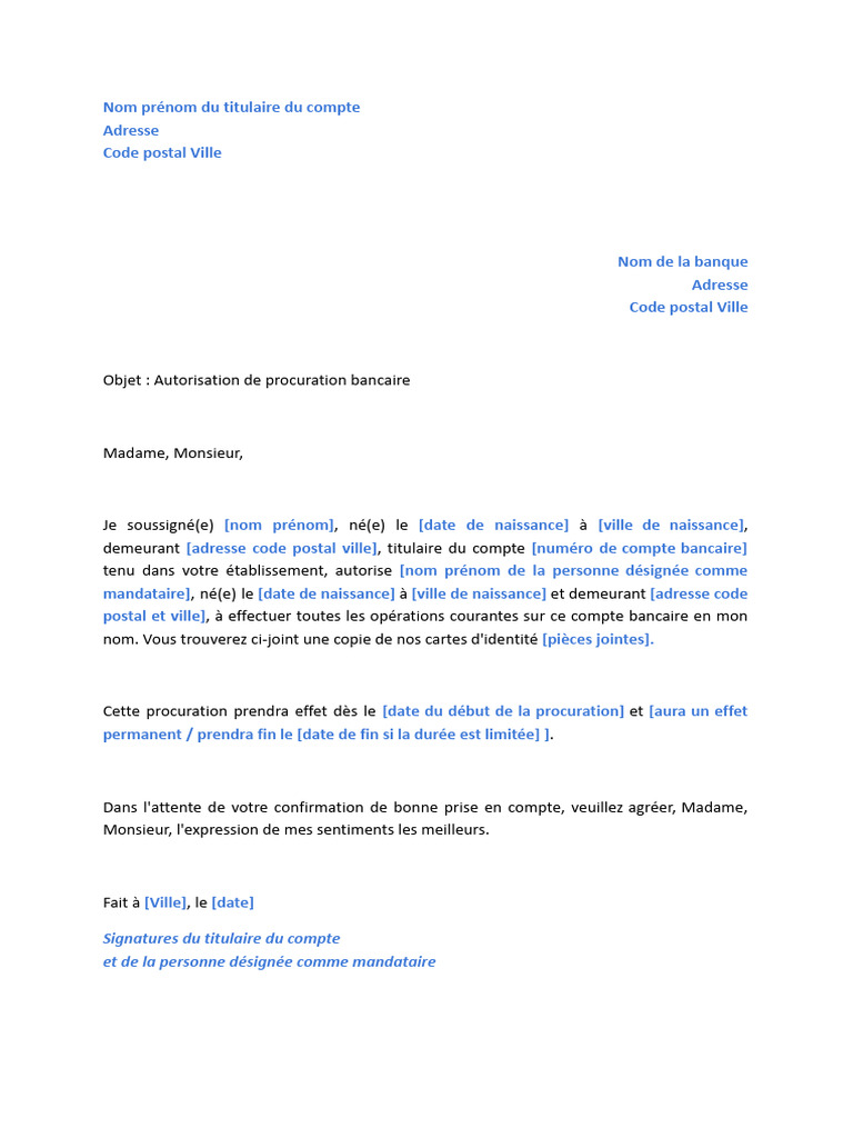 Modele de Courrier Pour Demander La Procuration Sur Compte Bancaire ...