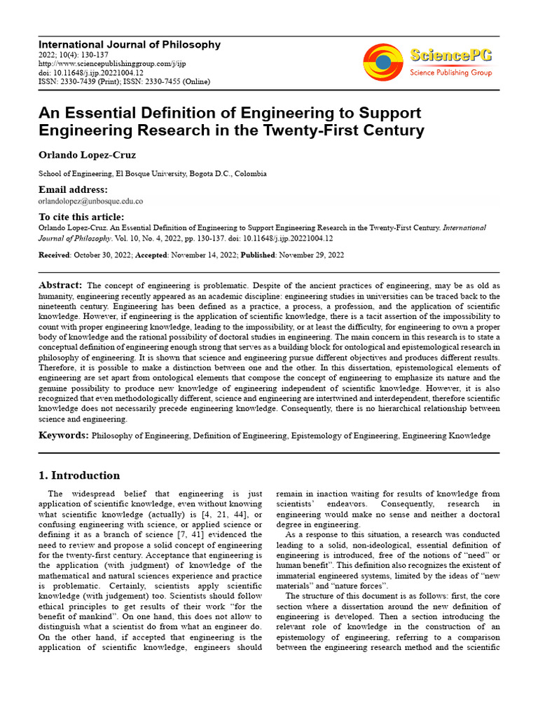 06 Lopez-Cruz 2022-AnEssential DefinitionOf Engineering | PDF | Science | Knowledge