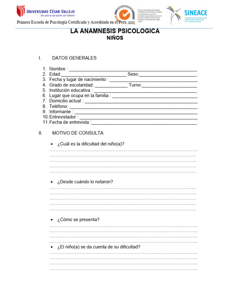 Anamnesis Niños | PDF | Escuelas | Sicología