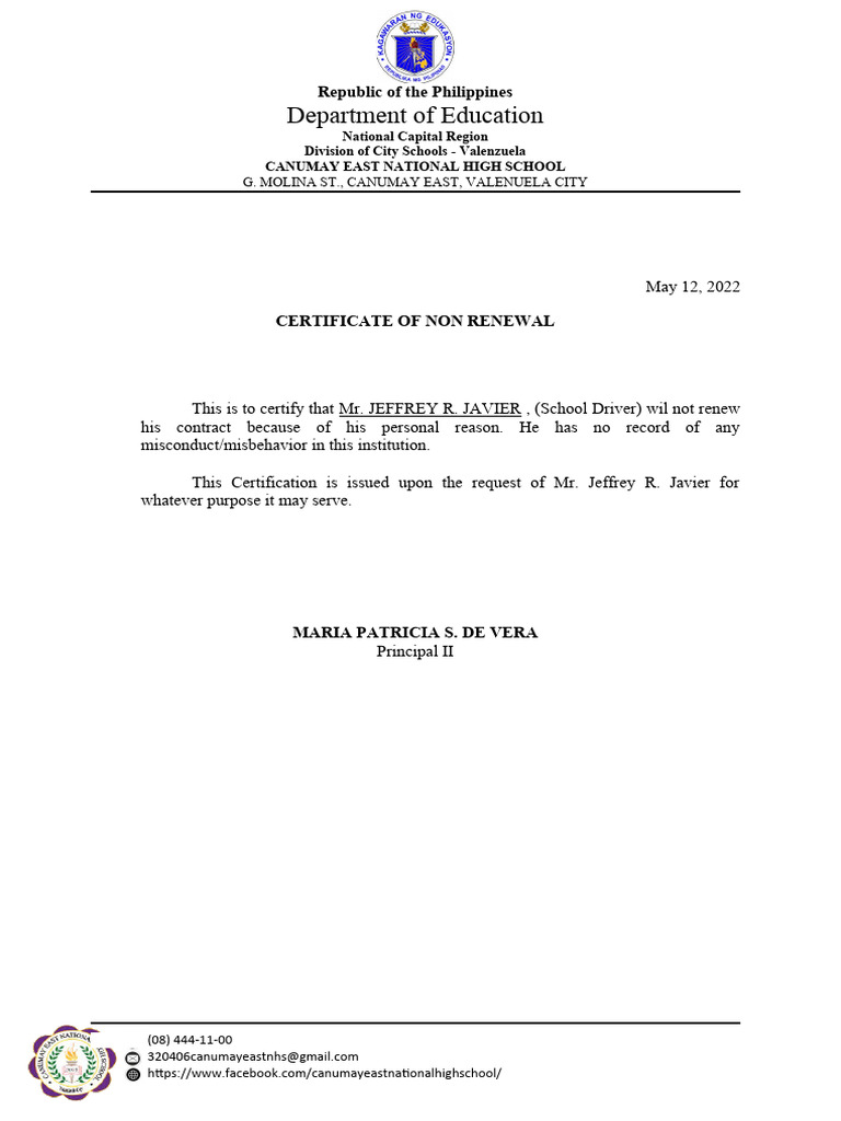 Certificate of Non-Renewal for School Driver | PDF | Wellness