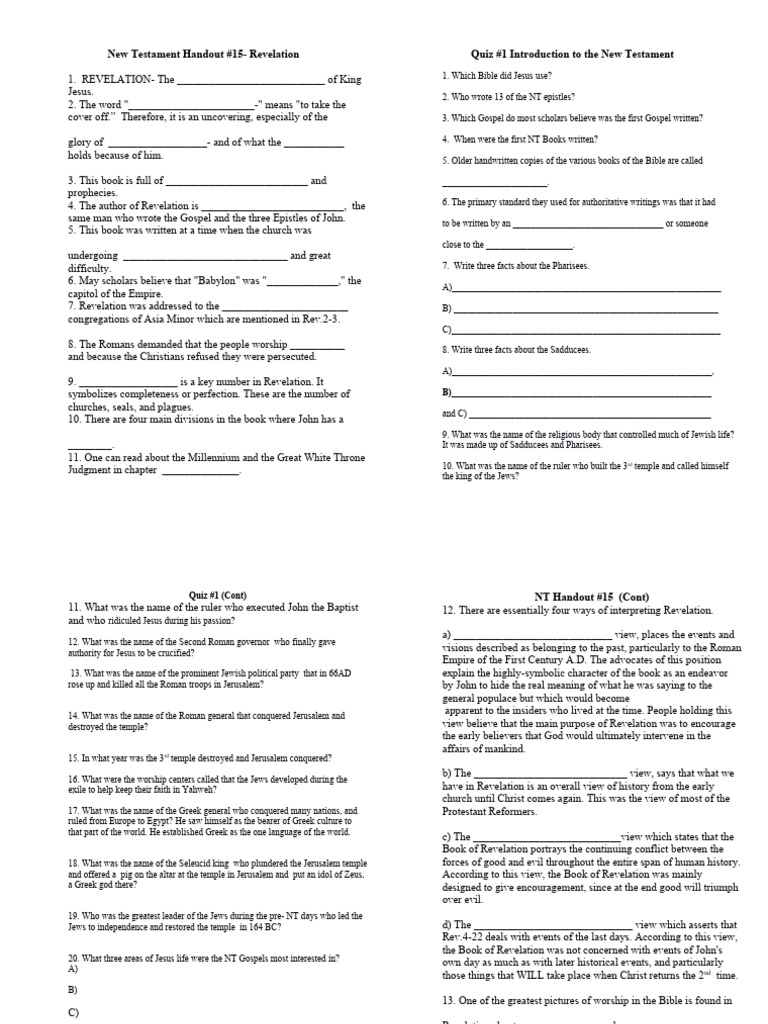 NT Handout #15- Quiz #1 | PDF | New Testament | Book Of Revelation