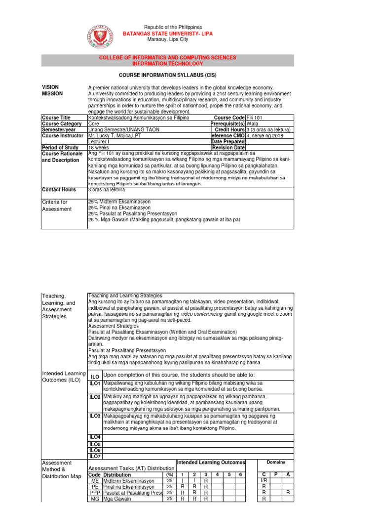 Course Syllabus - Fili 101 Kontekstwalisadong Komunikasyon Sa Filipino | PDF