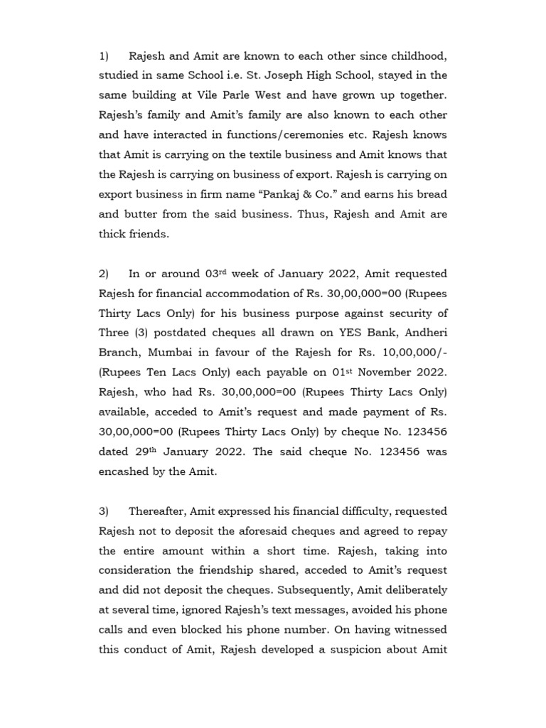 Facts For Money Recovery Suit | PDF | Lawsuit | Cheque