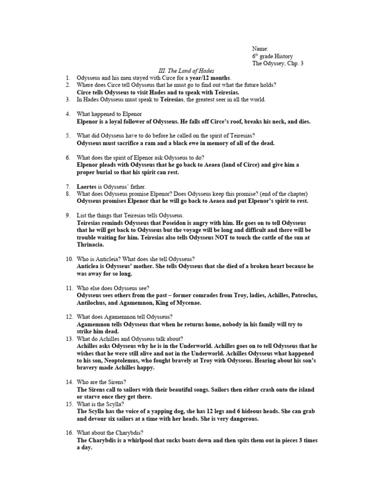 5th Grade Chp. 3 Odyssey Filled in | PDF | Odysseus | Odyssey