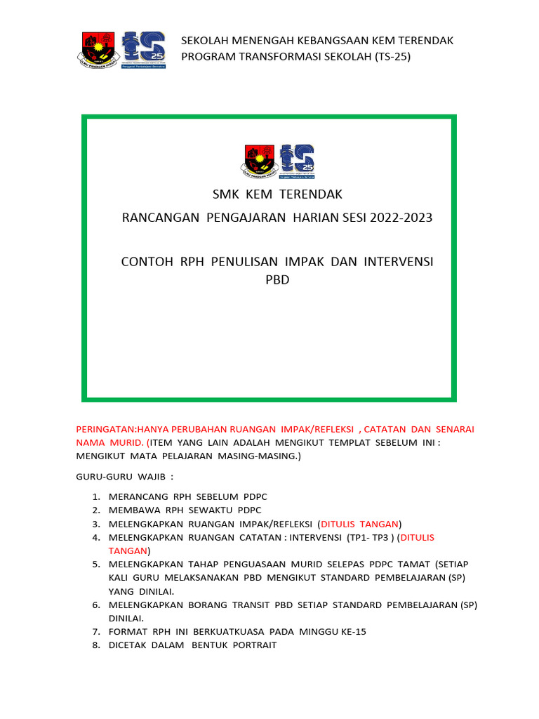 Contoh RPH Penulisan Impak Dan Intervensi (PBD) | PDF