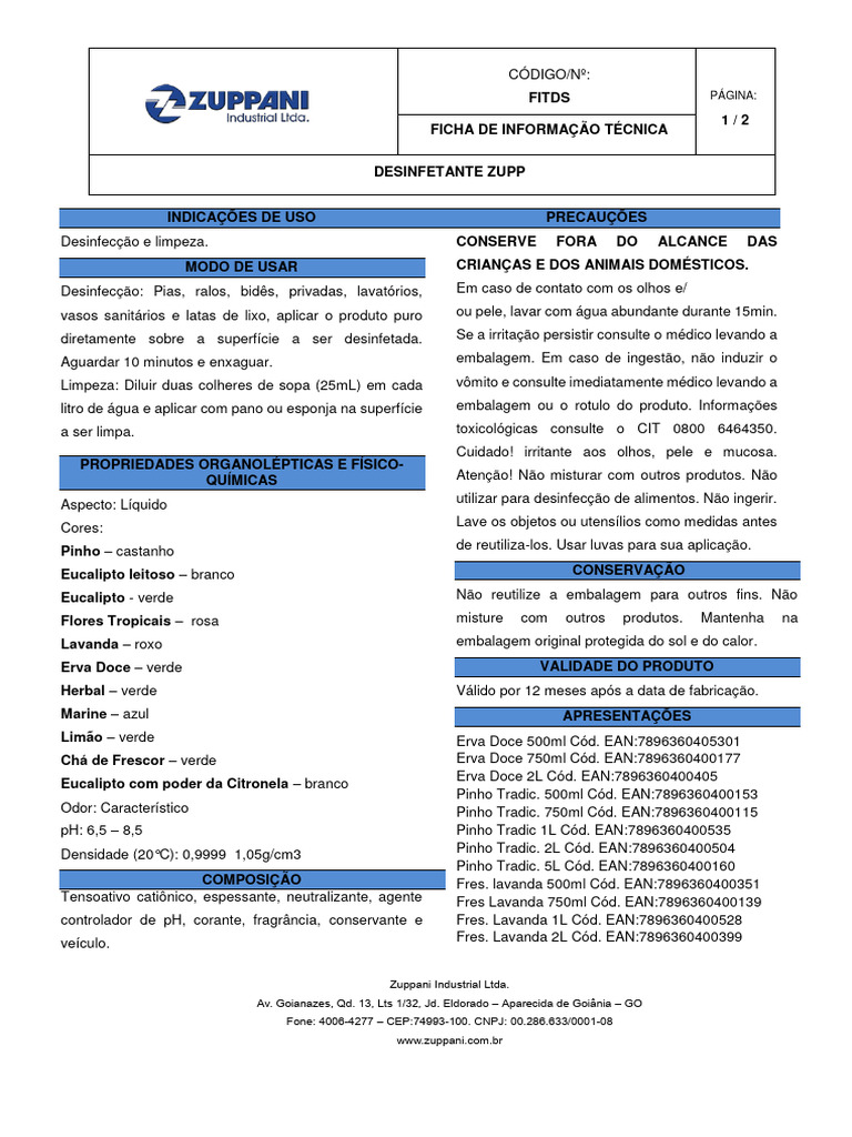 Ficha Técnica do Desinfetante Zupp | PDF | Desinfetante