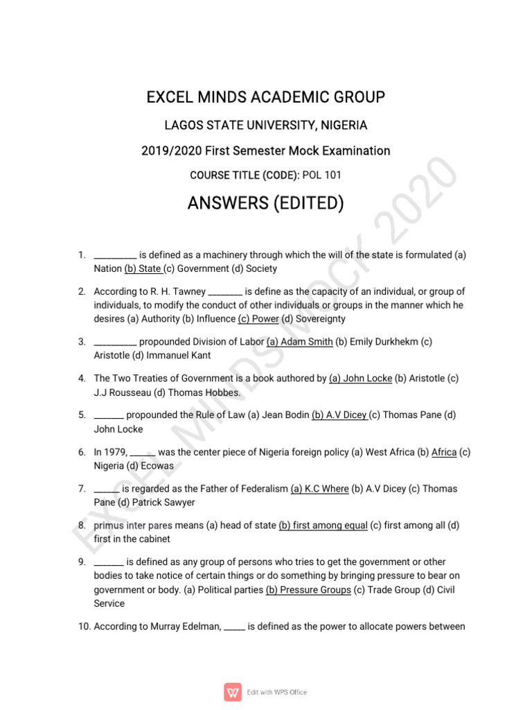Pol 101 Mock Answers (Edited) | PDF