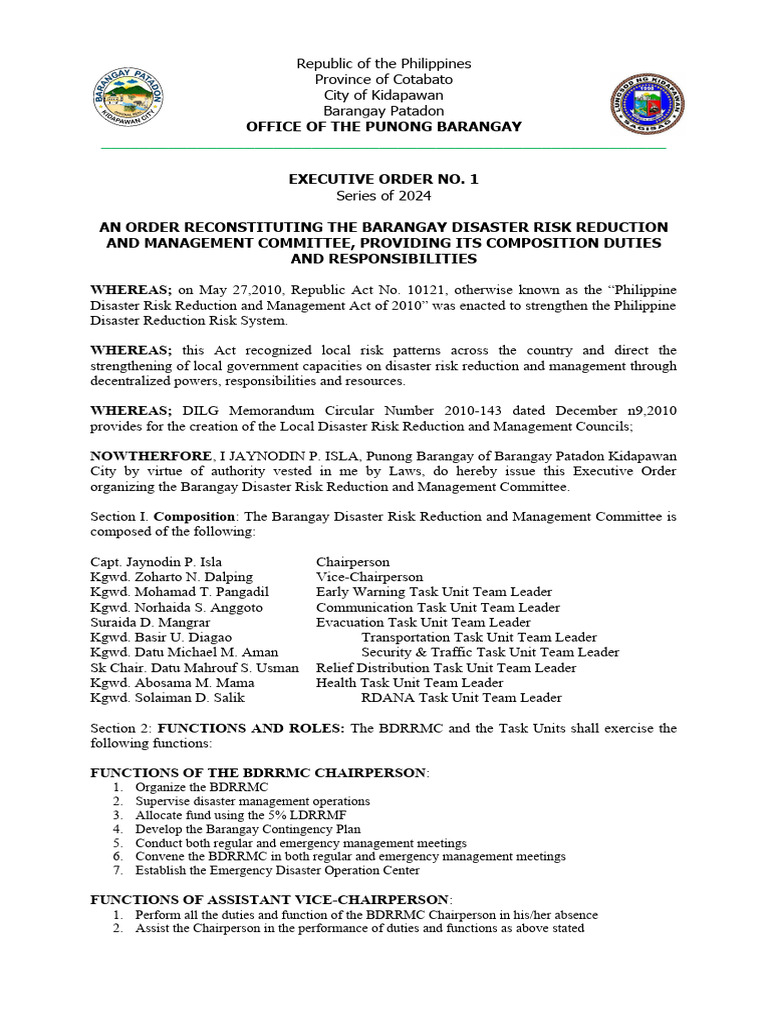 EO No. 1 BDRRMC | PDF | Emergency Management | Waste