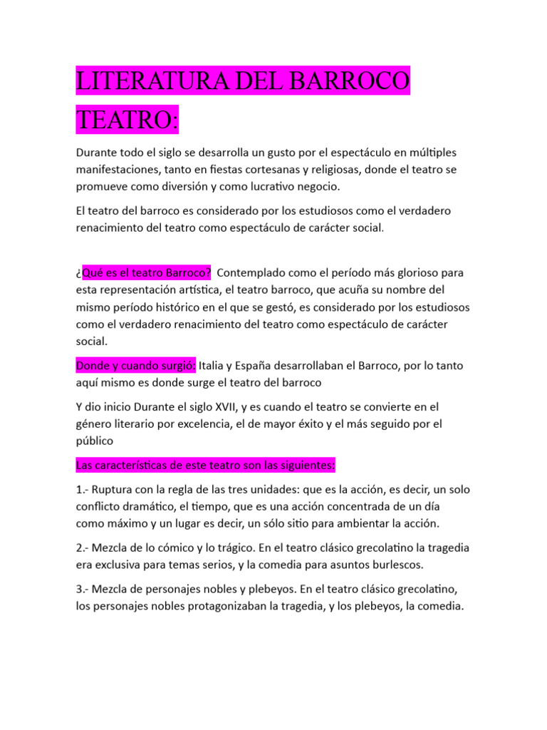 Literatura Del Barroco - Teatro | PDF | Teatro | Barroco