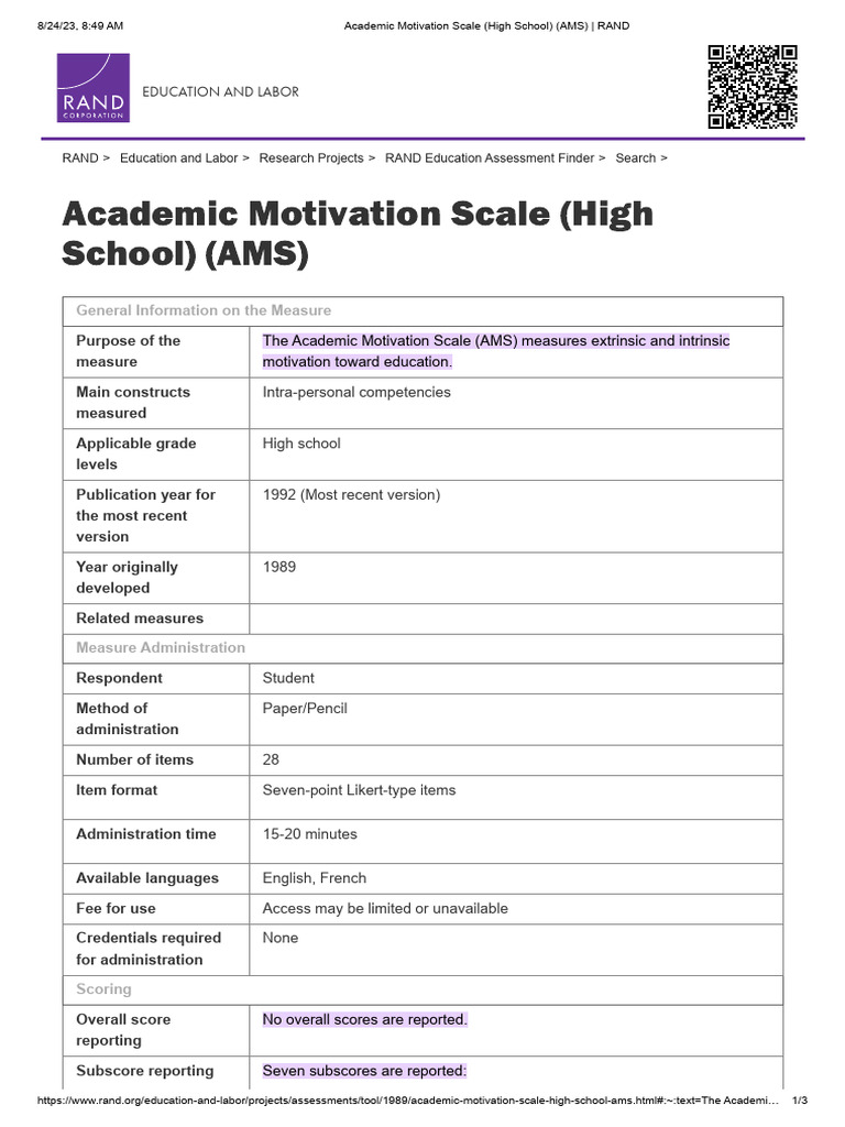 Academic Motivation Scale (High School) (AMS) - RAND | PDF | Motivation | Motivational