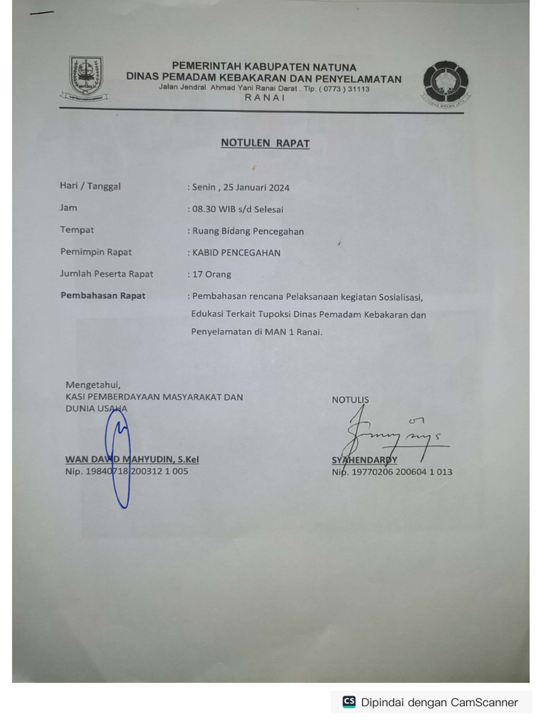 NOTULEN RAPAT PERSIAPAN SOSIALISASI JANUARI 2024 | PDF