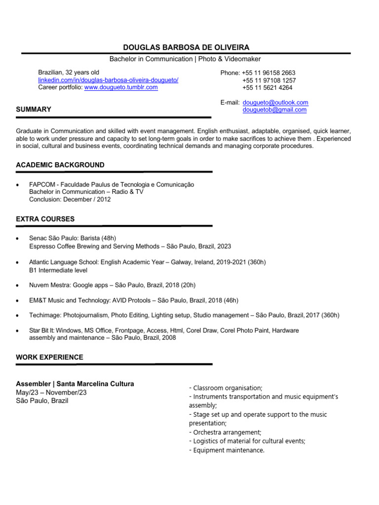 CV General ENGLISH - Douglas Barbosa de Oliveira - 2024 | PDF