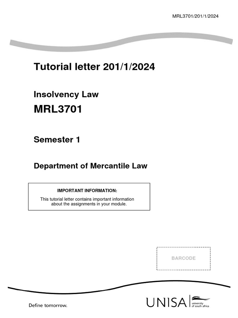 Tutorial Letter 201/1/2024: Insolvency Law | PDF | Bankruptcy | Insolvency