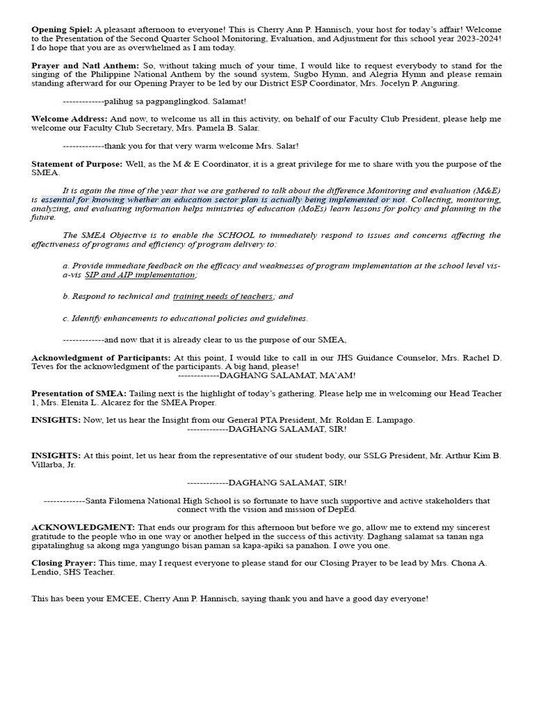 Opening Spiel For SMEA | PDF