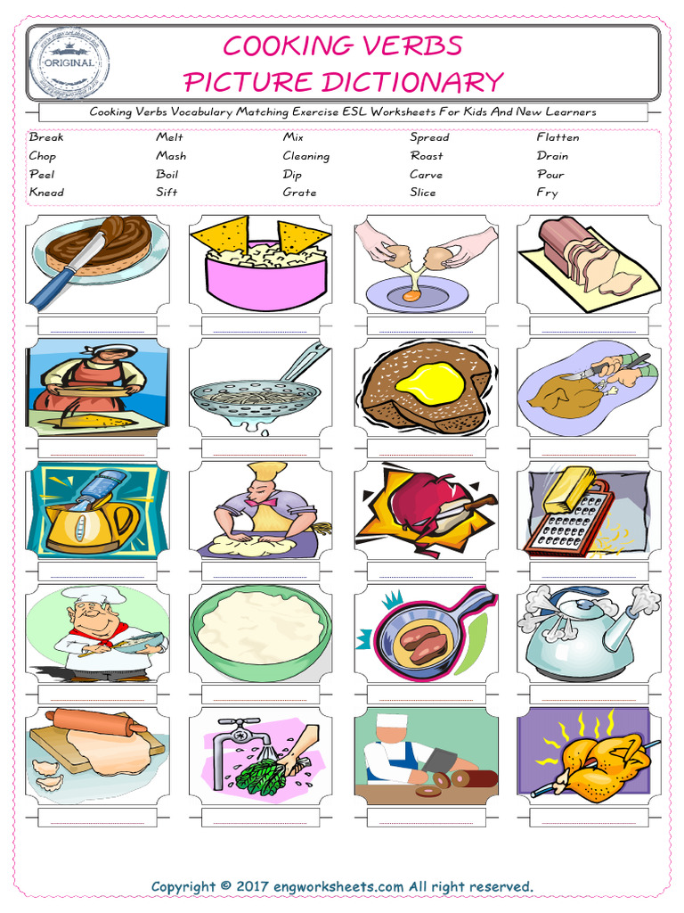 Cooking Verbs Vocabulary Matching Exercise ESL Worksheets For Kids and ...