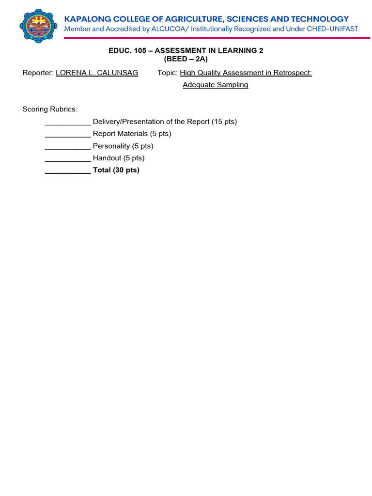 Adequate Sampling (High Quality Assessment in Retrospect) | PDF ...