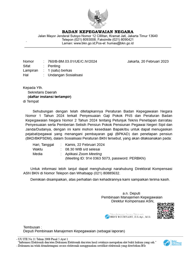 Undangan Setda Kanreg II - Sosialisasi PerBKN - 22 Feb 2024 | PDF