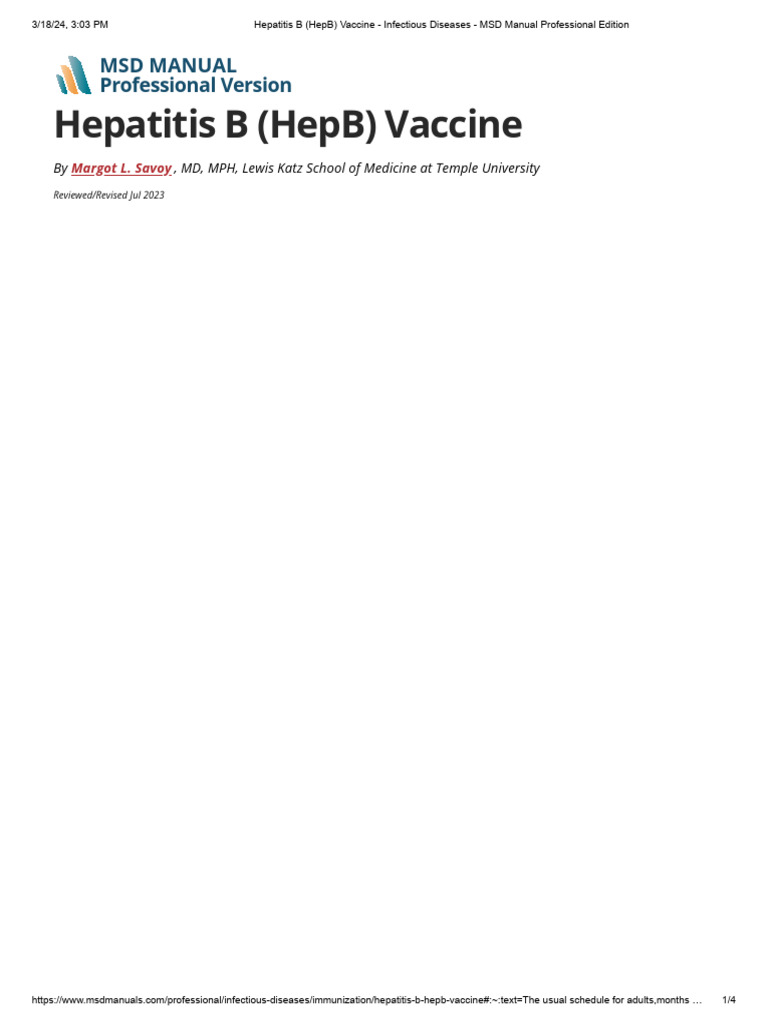 Hepatitis B (HepB) Vaccine - Infectious Diseases - MSD Manual ...