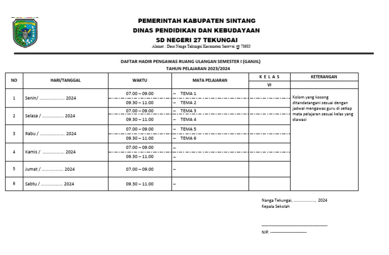 Daftar Hadir Pengawas Ruang Ulangan Semester - WWW - Kherysuryawan.id | PDF