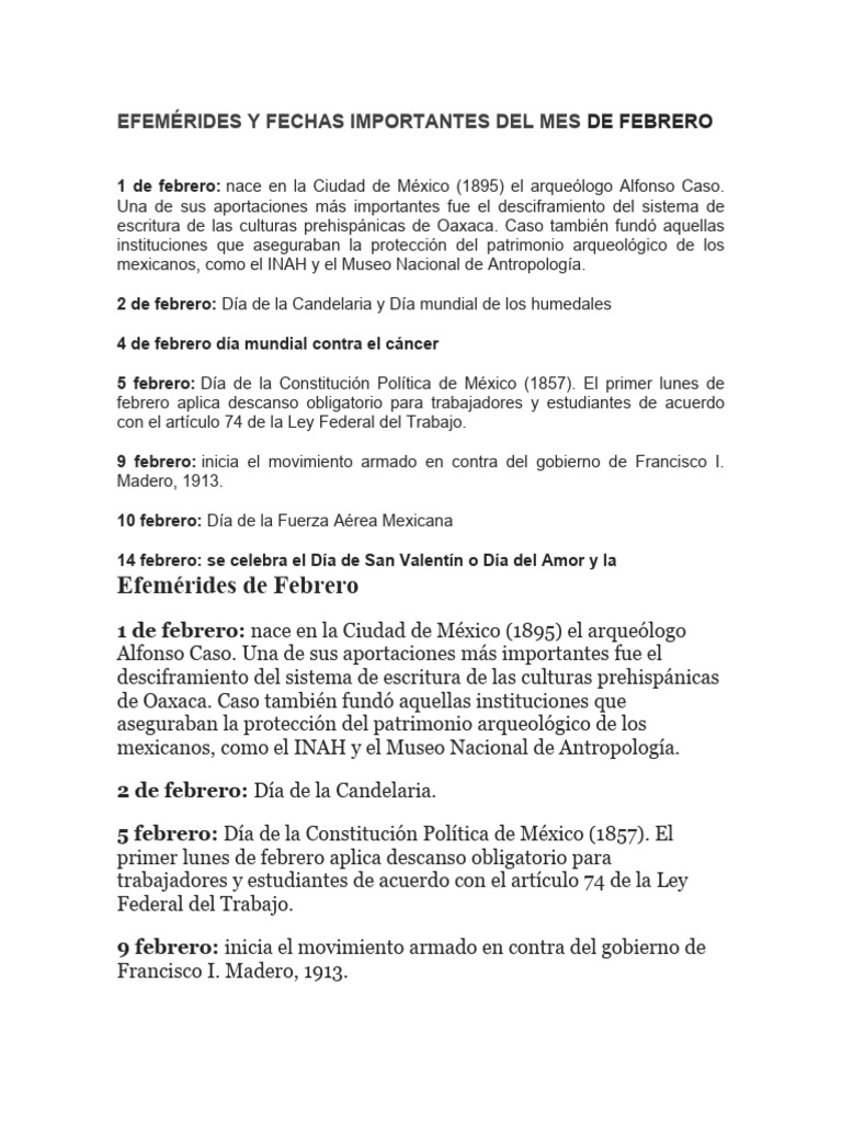 Efemérides y Fechas Importantes Del Mes de Febrero | PDF | México Efemérides y Fechas Importantes Del Mes de Febrero | PDF | México