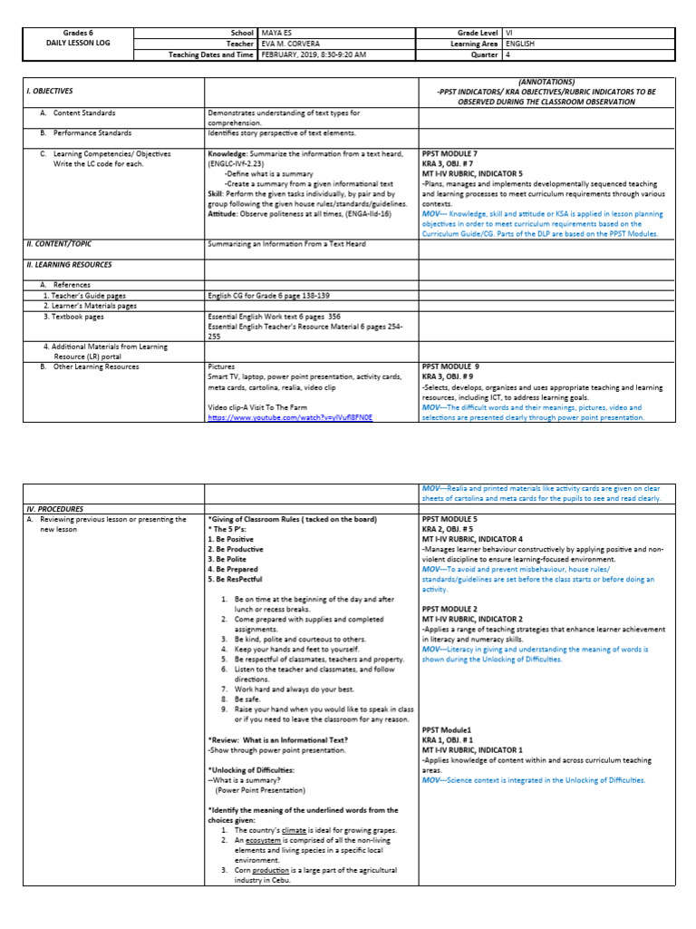 Cot - DLP English 6 - Summarizing Informations Heard by Master Teacher Eva M. Corvera | PDF ...