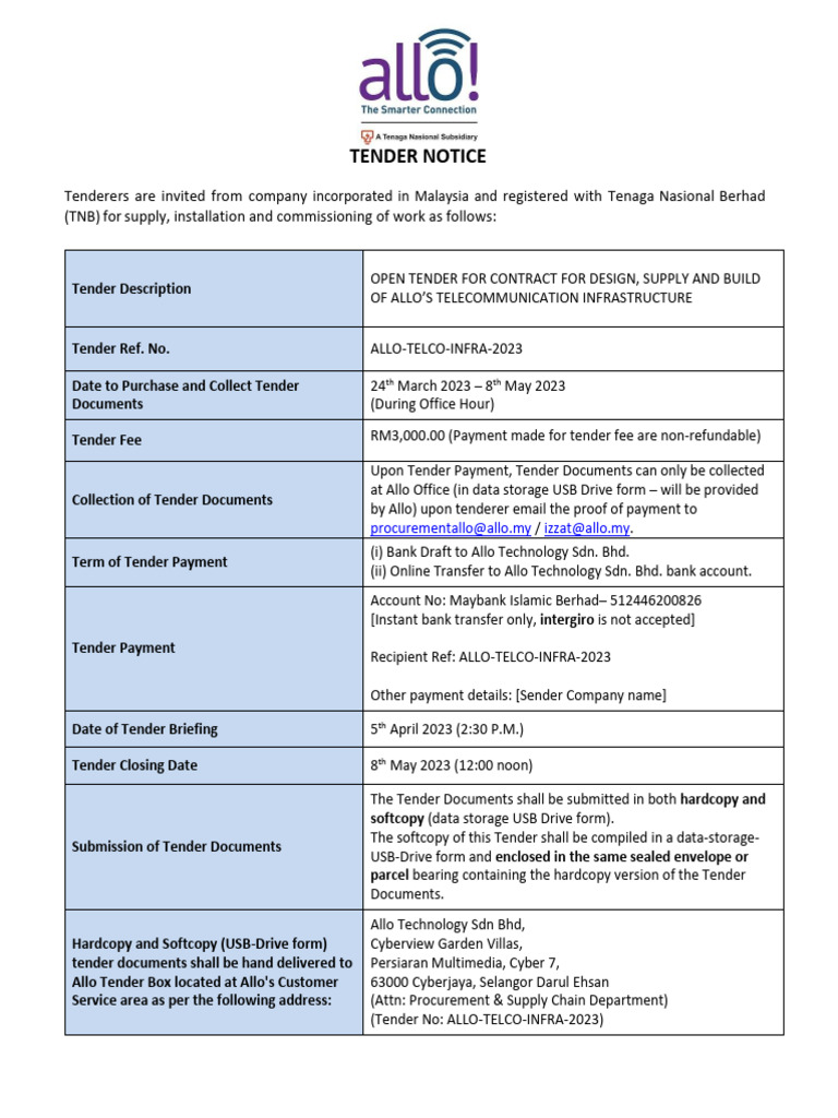 Tender Notice For Tender Design Supply Build Telecomunication ...