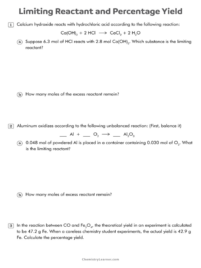 Limiting Reactant and Percent Yield Worksheet | PDF