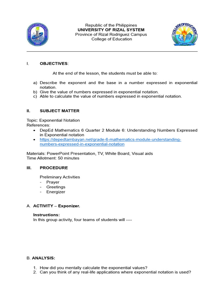 Math 3 Demo Lesson Plan - Exponential Notation | PDF | Exponentiation ...