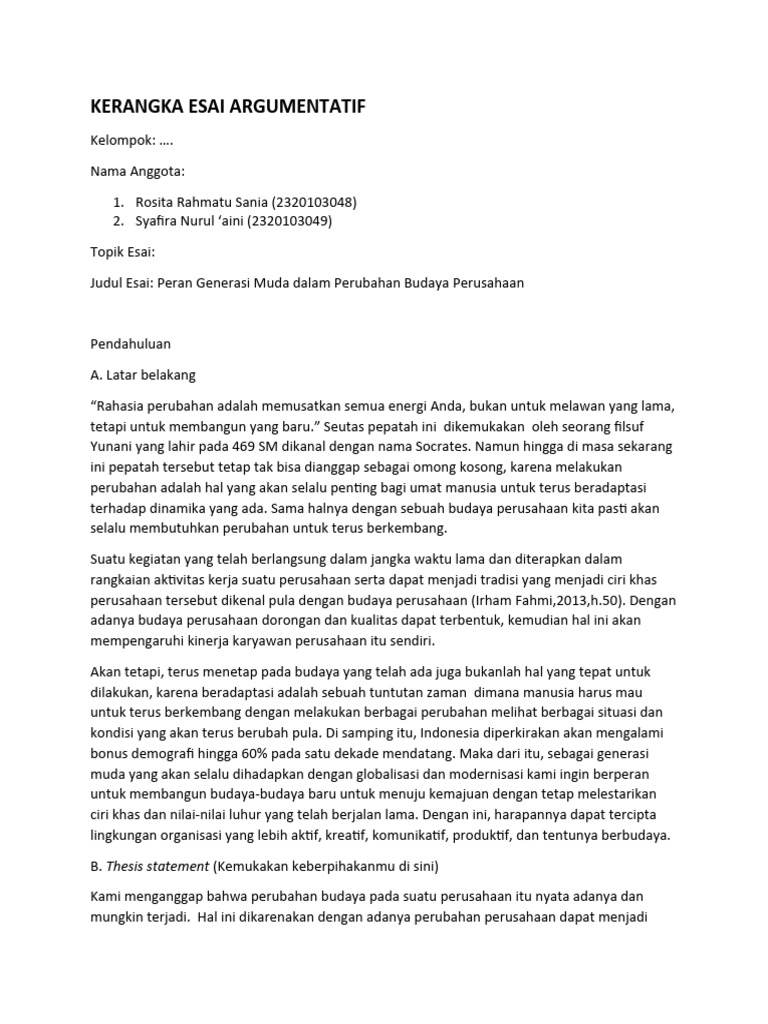 Kerangka Esai Argumentatif Pdf Karier And Perkembangan