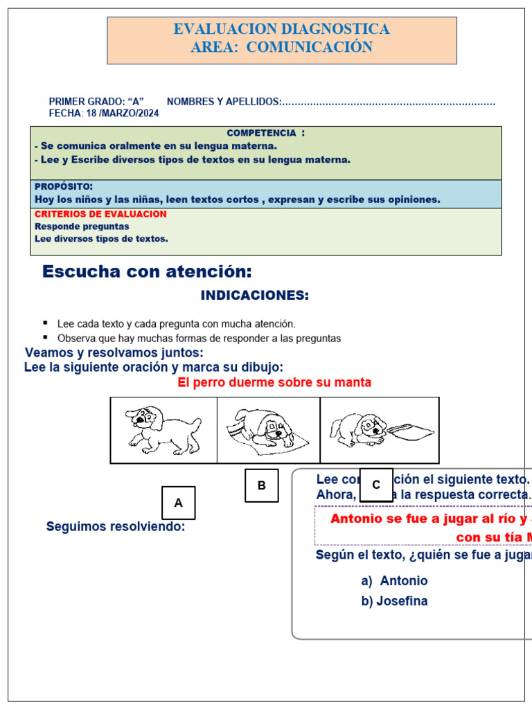 Evaluacion Diagnostica Comunicacion Primer Grado A Pdf