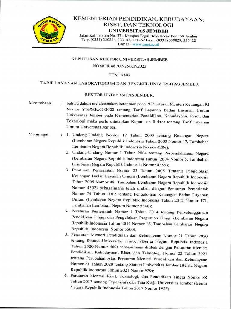 Tarif Layanan Laboratorium Dan Bengkel Universitas Jember | PDF