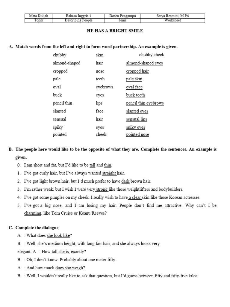 3.describing People-Worksheet (PRIMANITA AZARIA PINASTI - TOI B | PDF ...