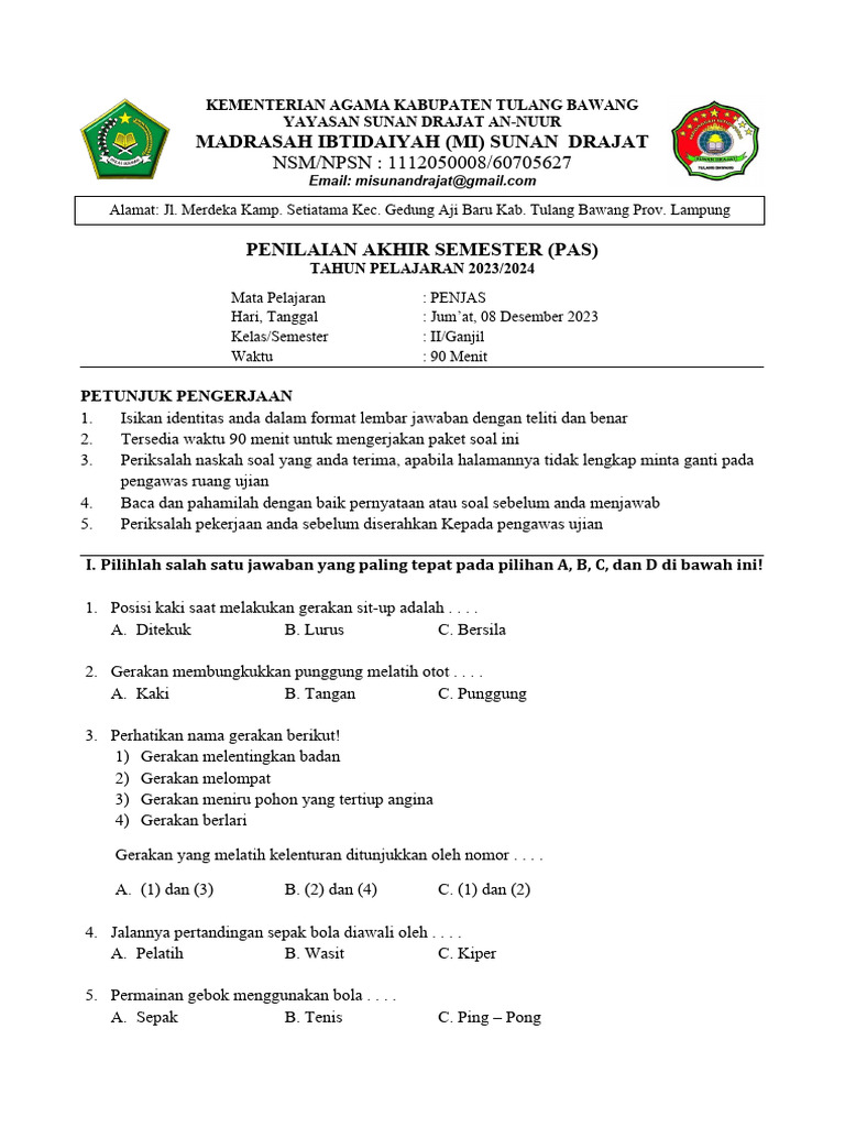 Soal Penjas Mi Buk Nuri 2023 | PDF