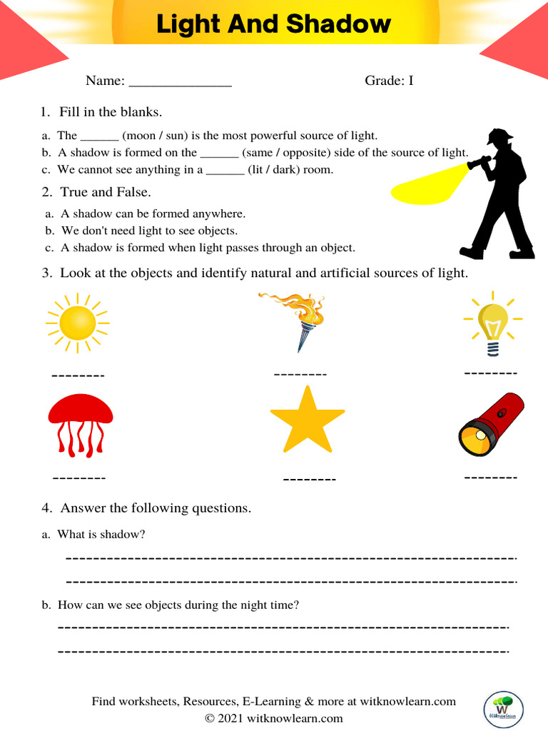 Light and Shadow Worksheets Grade 2-0-2021!20!05 092623 | PDF