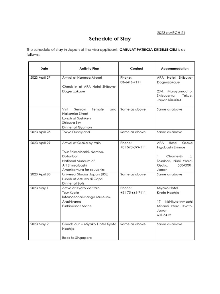 Japan Travel Itinerary for Visa Applicants | PDF | Kyoto