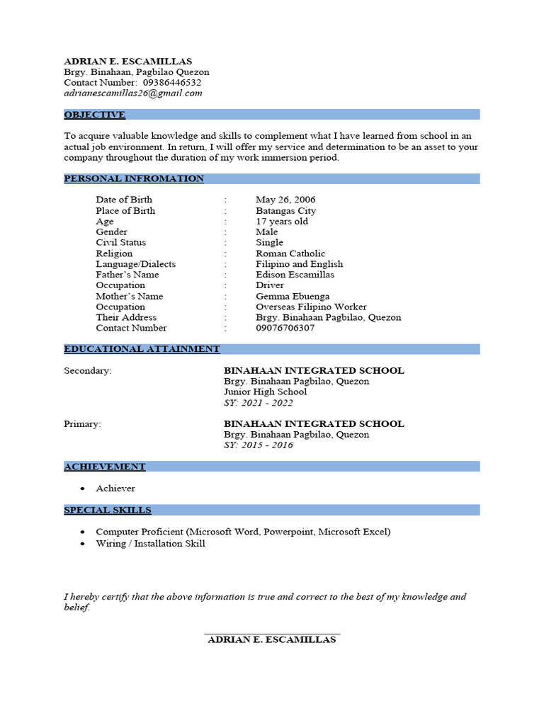 Resume SHS Sample | PDF