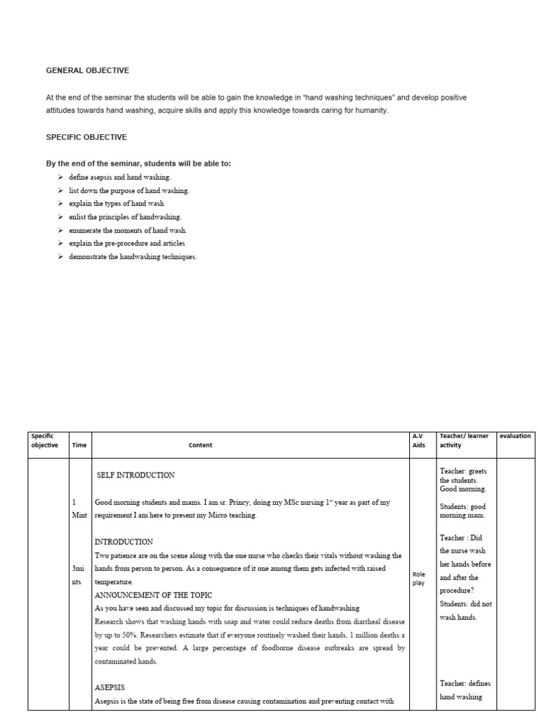 Micro Teaching Lesson Plan | PDF | Hand Washing | Medical Specialties