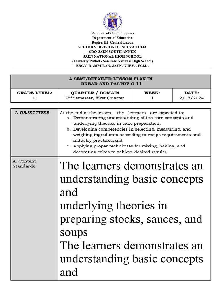Semi-Detailed Lesson Plan: Cake Preparation | PDF | Cakes | Baked Goods