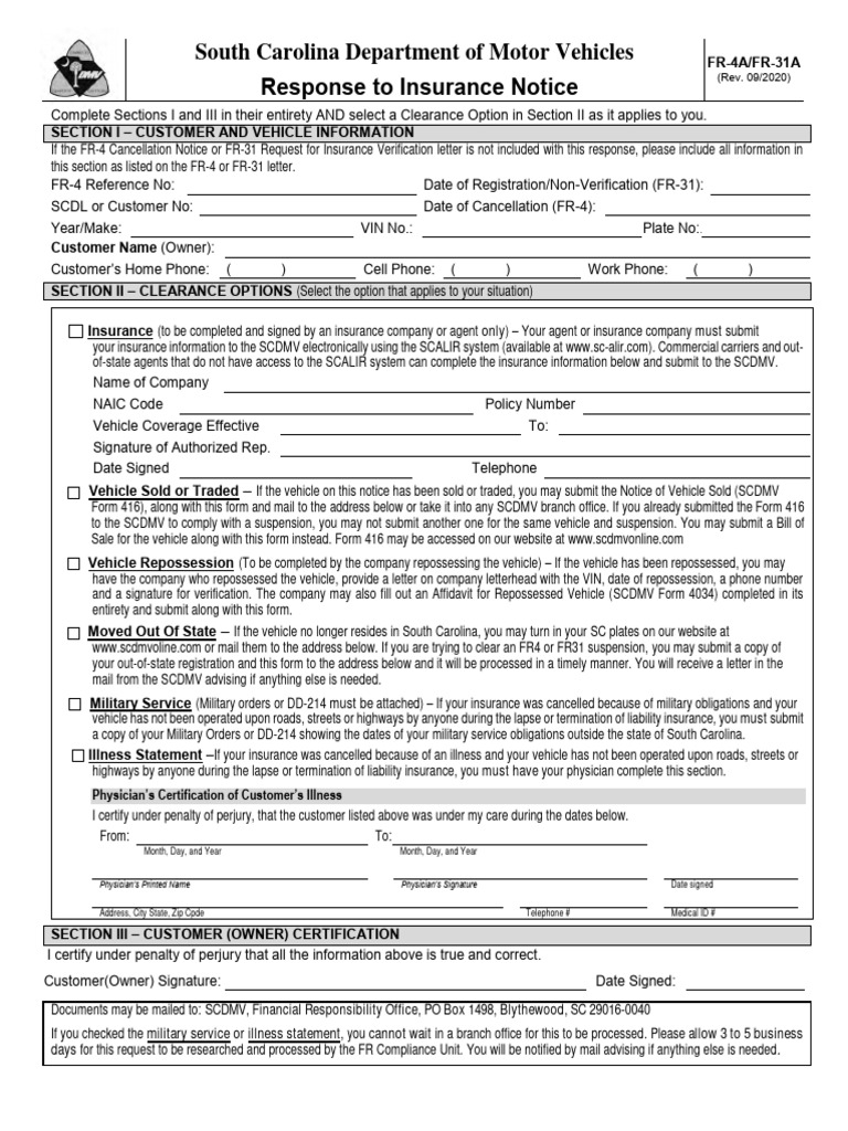 South Carolina Department of Motor Vehicles Response To Insurance ...