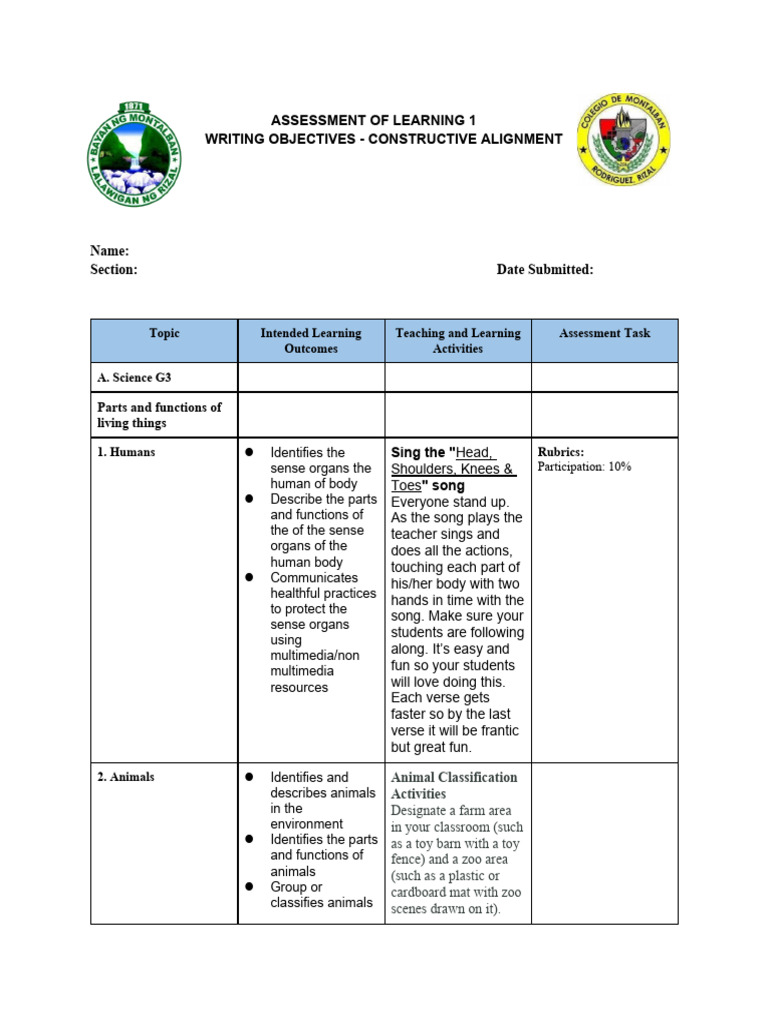 ASLE 1 - WRITING OBJECTIVES (CONSTRUCTIVE ALIGNMENT) | PDF