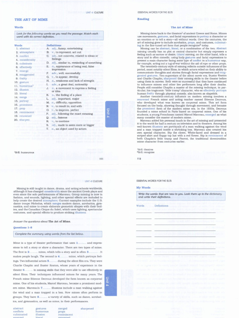 Vocabulary Exercise - The Art of Mime | PDF