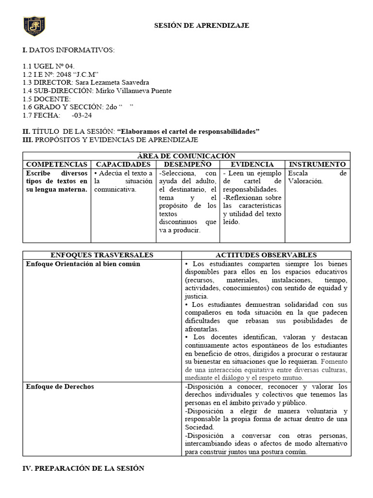 SESIÓN de APRENDIZAJE-Elaboramos El Cartel de Responsabilidades | PDF