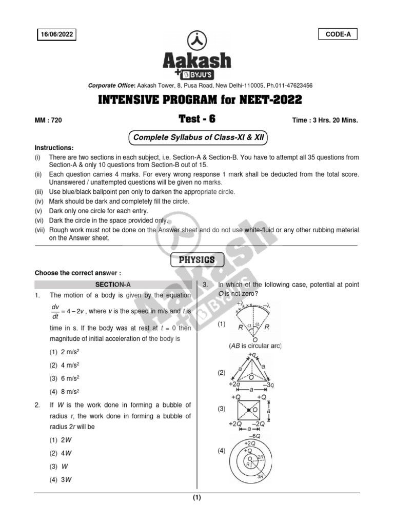 Intensive CST-06 (Code-A) 16-06-2022 XI XII | PDF | Magnetic Field ...