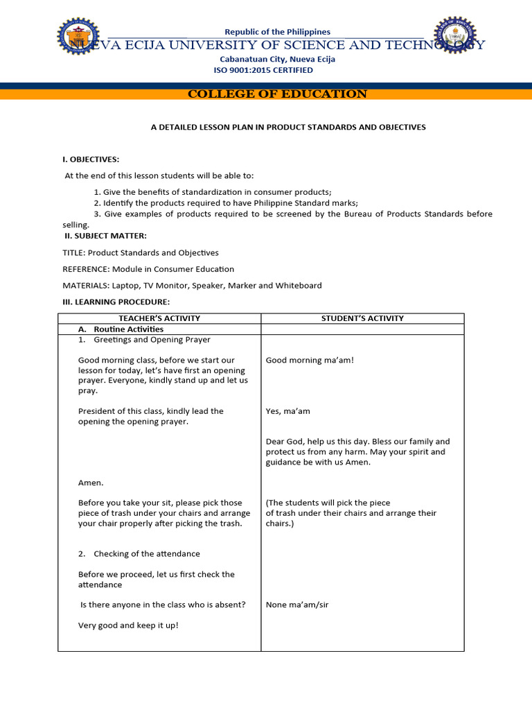 Lesson Plan on Product Standards | PDF | Standardization